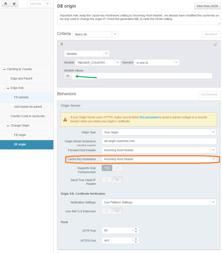 Cache a page or change the origin server depending on geographic data