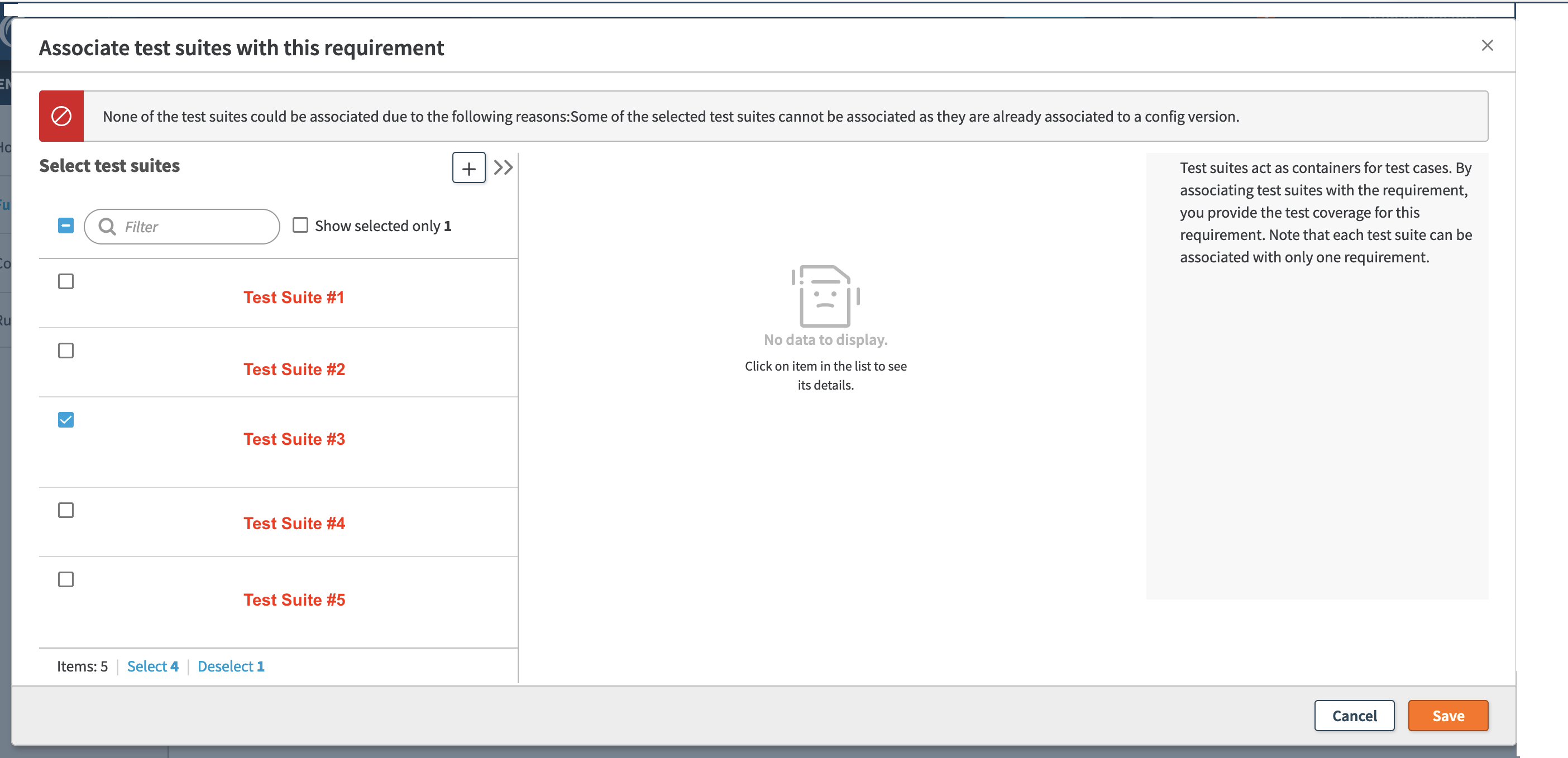 Test Suites cannot be selected as they are already associated to ...